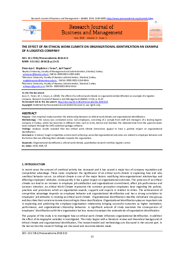 (PDF) The effect of an ethical work climate on organizational ...
