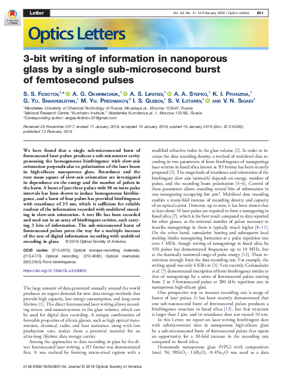 (PDF) 3-BIT Writing of Information in Nanoporous Glass by a Single Sub ...