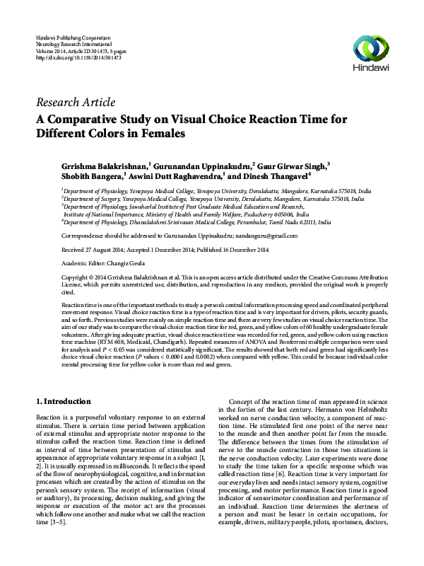 (PDF) A Comparative Study on Visual Choice Reaction Time for Different ...