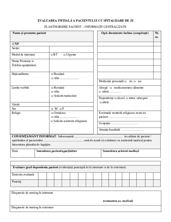 (DOC) EVALUAREA INIȚIALĂ A PACIENTULUI CU SPITALIZARE DE ZI