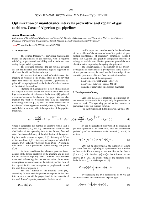 Optimization of maintenance intervals preventive and repair of gas ...