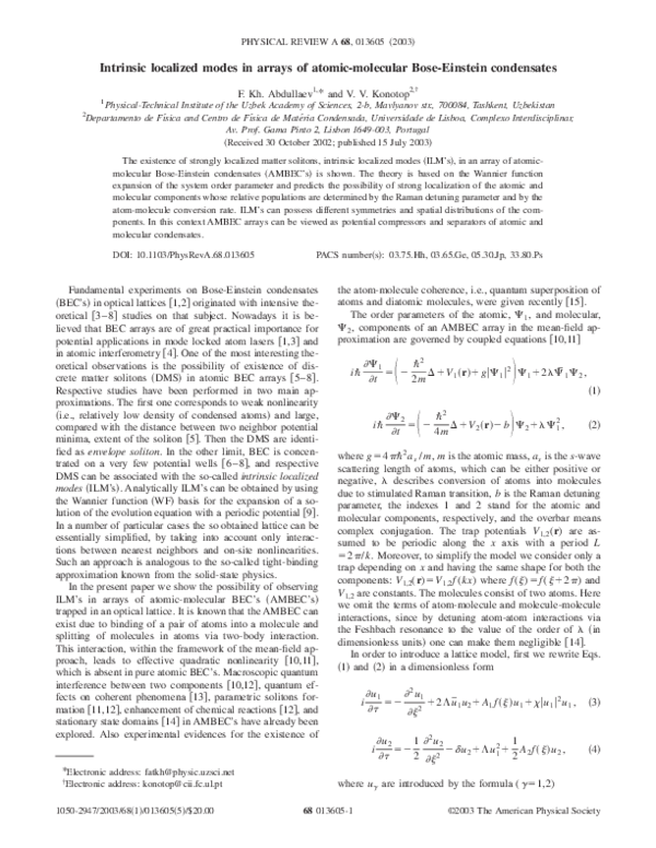 (PDF) Intrinsic localized modes in arrays of atomic-molecular Bose ...