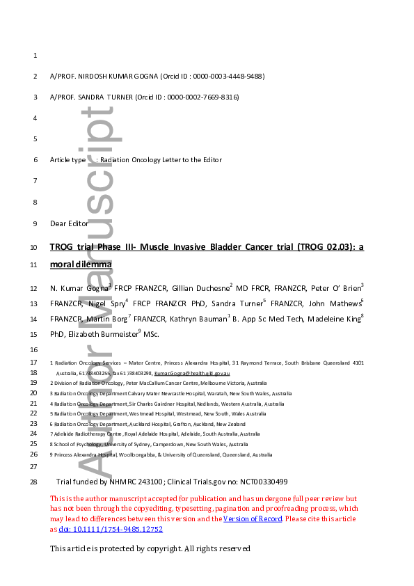 (PDF) Trans Tasman Radiation Oncology Group Cancer Research: Phase III - Muscle Invasive Bladder ...