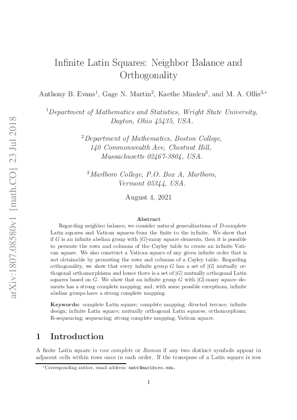 (PDF) Ju l 2 01 8 Infinite Latin Squares : Neighbor Balance and ...