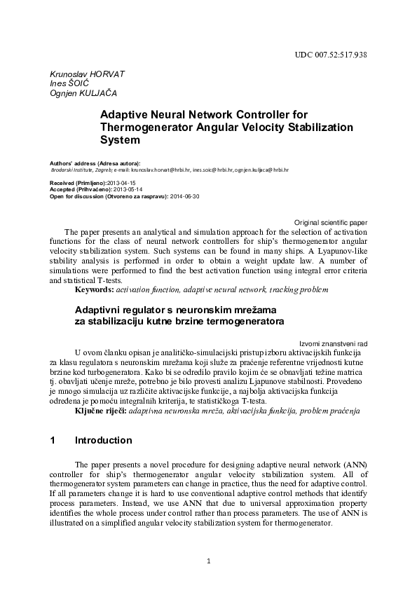 (PDF) Adaptive Neural Network Controller for Thermogenerator Angular Velocity Stabilization System