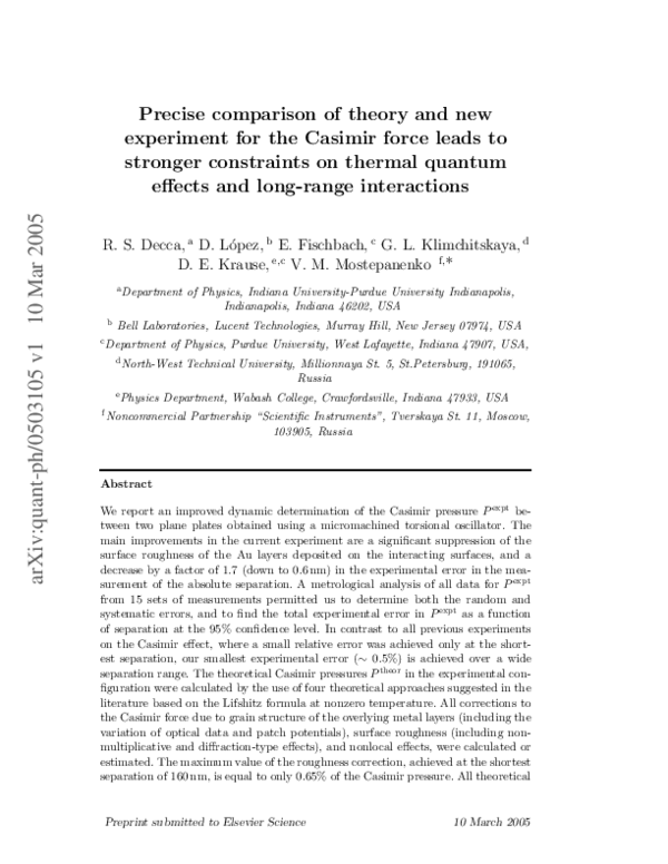 (PDF) Precise comparison of theory and new experiment for the Casimir force leads to stronger ...
