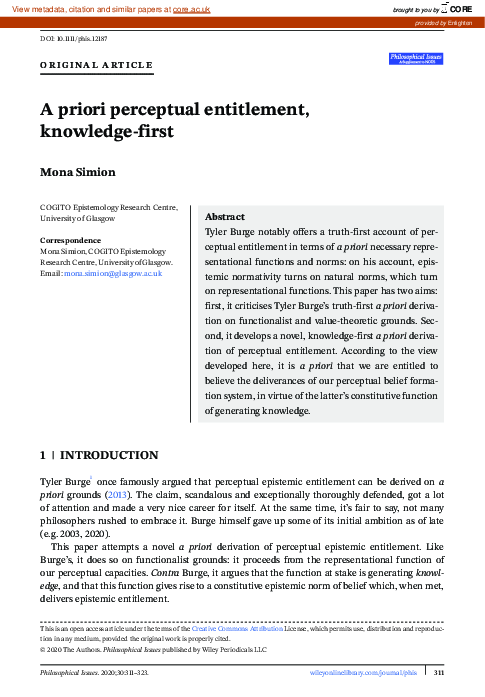 (PDF) A priori perceptual entitlement, knowledge‐first