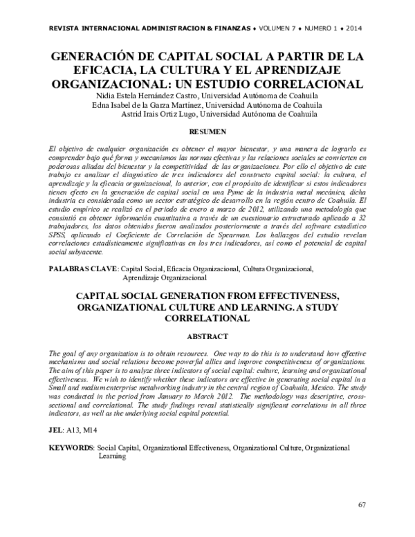 (PDF) Generación De Capital Social A Partir De La Eficacia, La Cultura Y El Aprendizaje ...