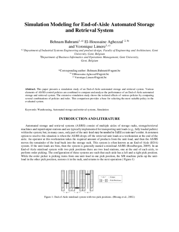Pdf Simulation Modeling For End Of Aisle Automated Storage And Retrieval System