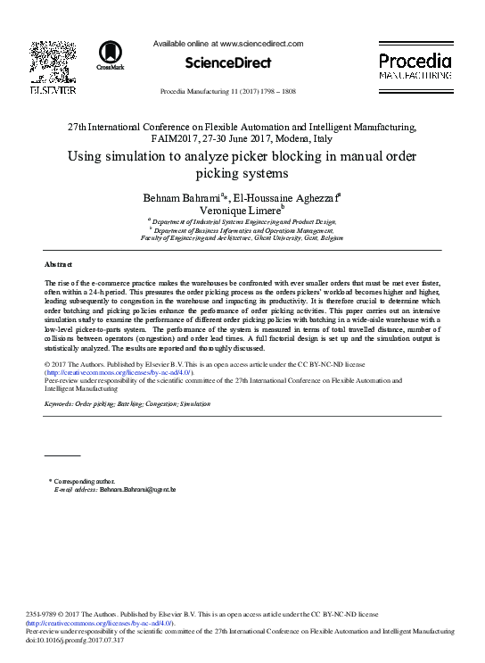 Pdf Using Simulation To Analyze Picker Blocking In Manual Order