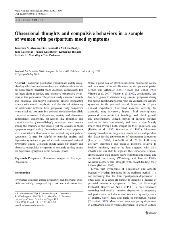 (PDF) Obsessional thoughts and compulsive behaviors in a sample of women with postpartum mood ...