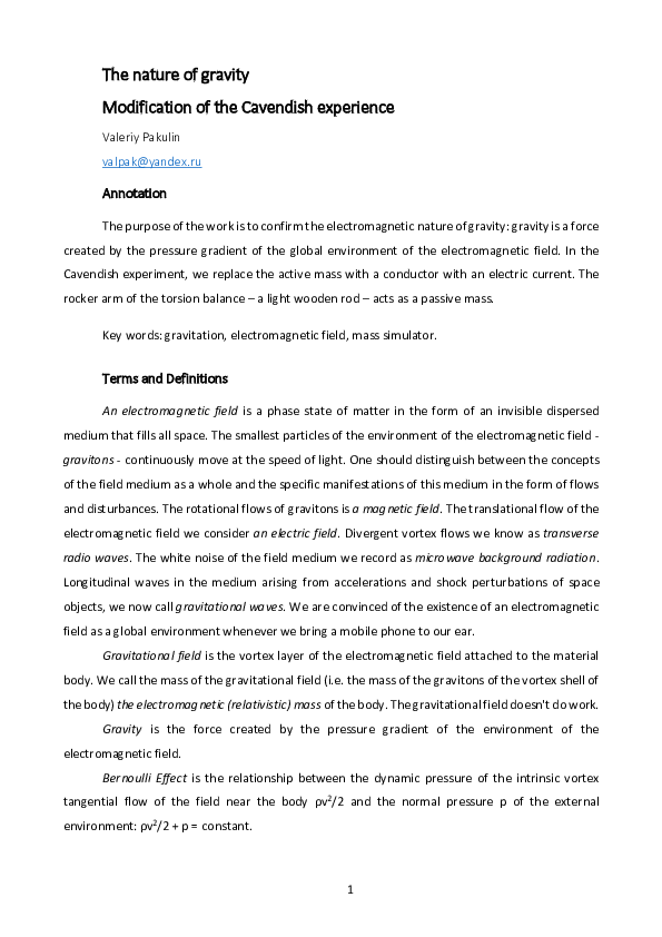 (PDF) The nature of gravity. Modification of the Cavendish experience