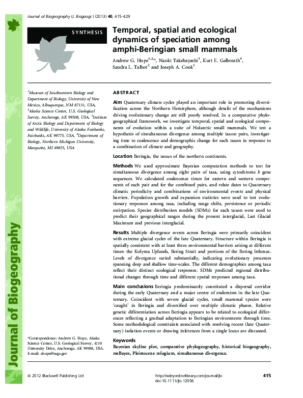 (PDF) Temporal, spatial and ecological dynamics of speciation among amphi-Beringian small mammals