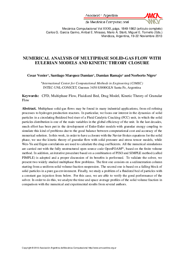 (PDF) Numerical Analysis of Multiphase Solid-Gas Flow with Eulerian Models are Kinetic Theory ...