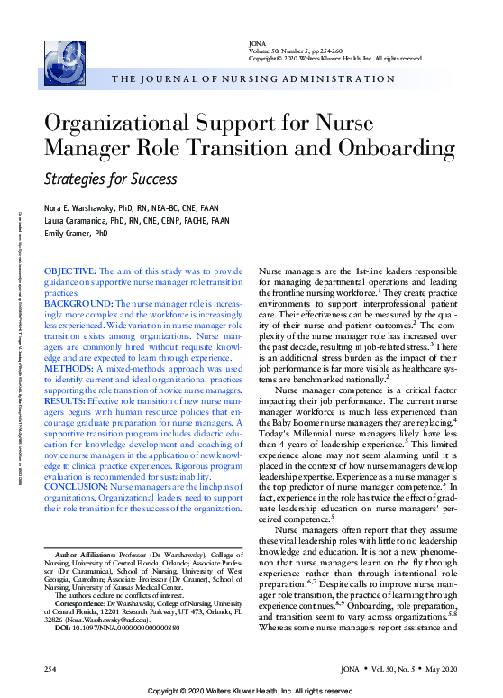 (PDF) Organizational Support for Nurse Manager Role Transition and Onboarding