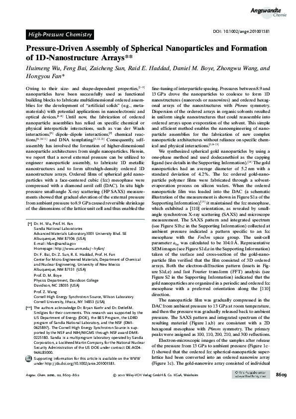 (PDF) Pressure-Driven Assembly of Spherical Nanoparticles and Formation of 1D-Nanostructure Arrays