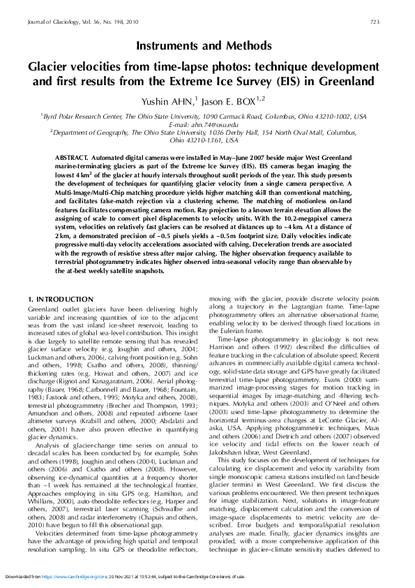 (PDF) Glacier velocities from time-lapse photos: technique development ...