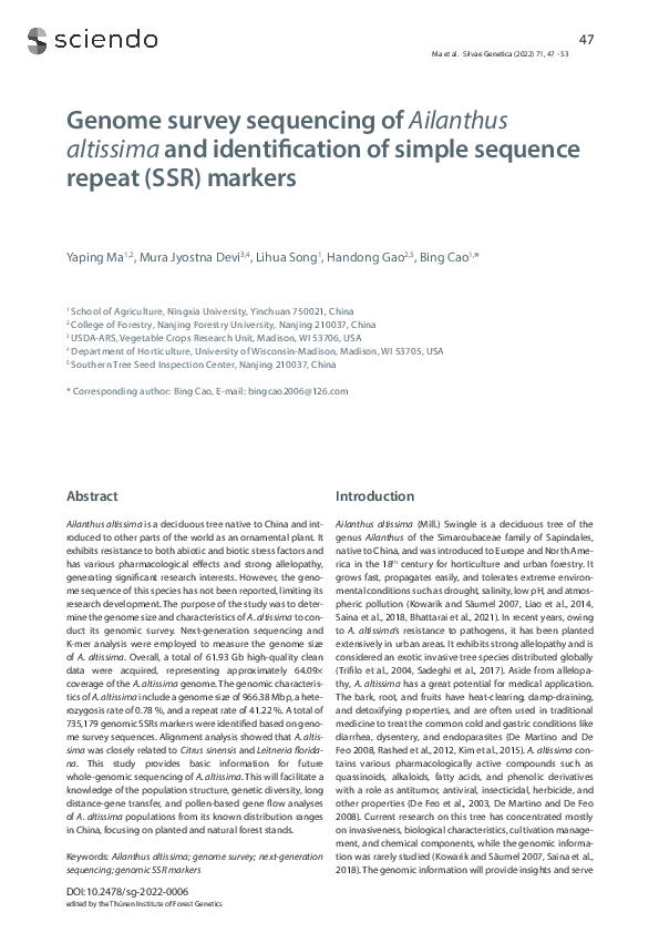 (PDF) Genome survey sequencing of Ailanthus altissima and identification of simple sequence ...