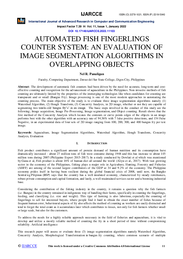 (PDF) Automated Fish Fingerlings Counter System: An Evaluation of Image Segmentation Algorithms ...