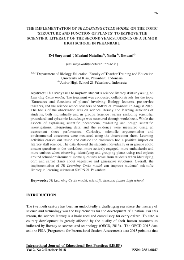 (PDF) The Implementation of 5E Learning Cycle Model on the Topic ‘Structure and Function of ...
