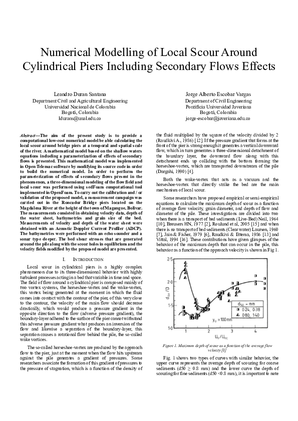 (PDF) Numerical Modeling of Local Scour Around Cilindrical Piers Including Secondary Flows Effects