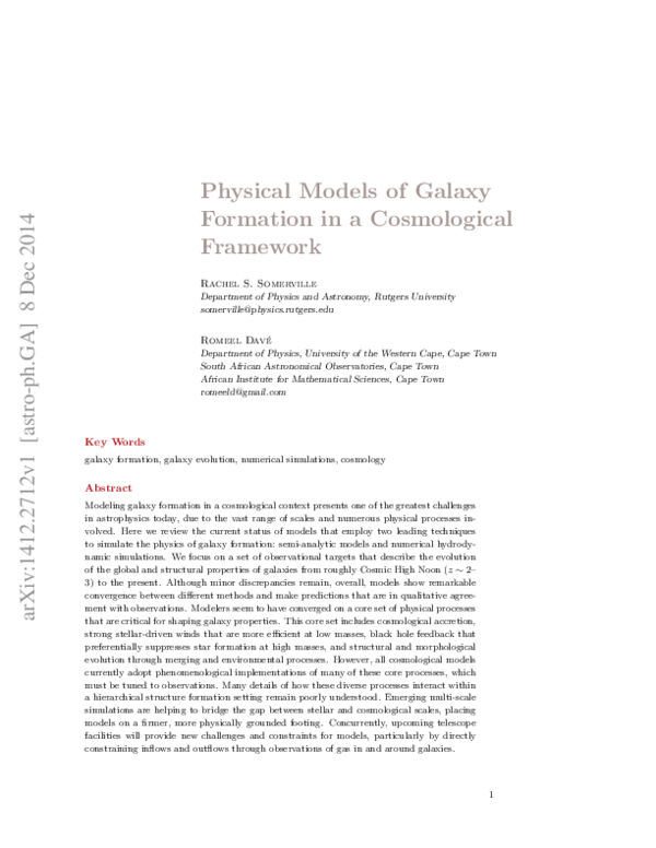 (PDF) Physical Models of Galaxy Formation in a Cosmological Framework