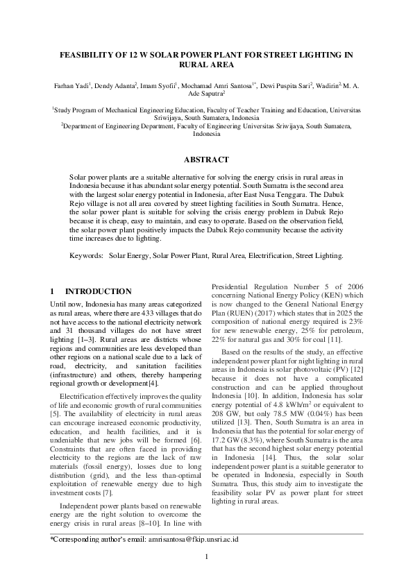 (PDF) Feasibility of 12 W Solar Power Plant for Street Lighting in ...