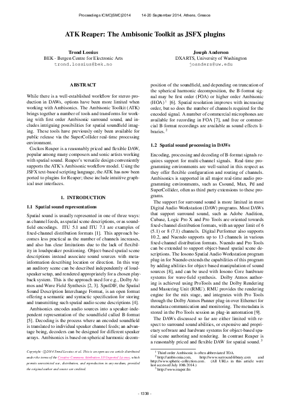 (PDF) ATK Reaper: The Ambisonic Toolkit as JSFX plugins