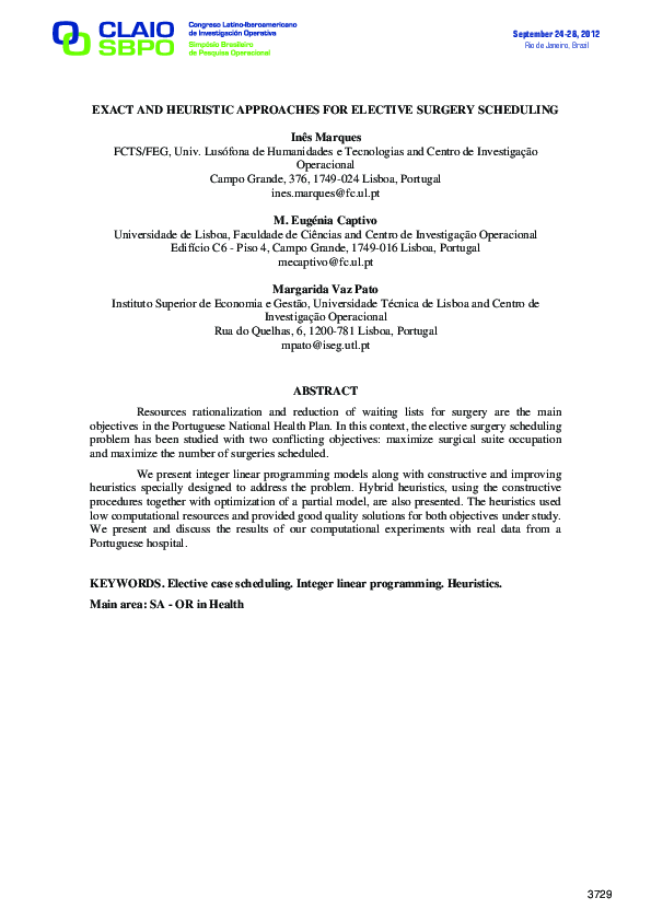 Pdf Exact And Heuristic Approaches For Elective Surgery Scheduling