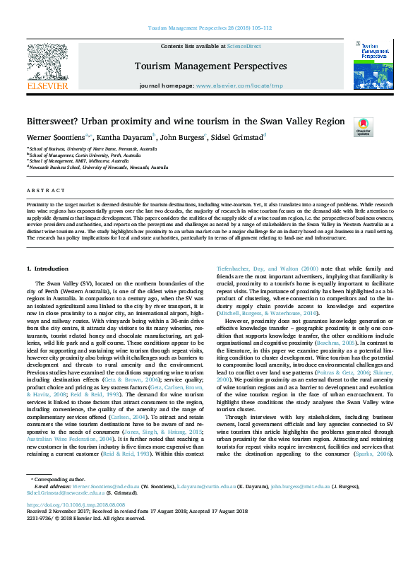 (PDF) Bittersweet? Urban proximity and wine tourism in the Swan Valley ...