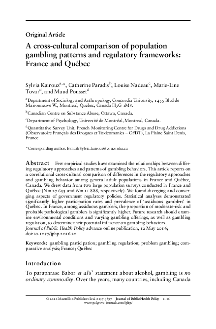 (PDF) A cross-cultural comparison of population gambling patterns and ...