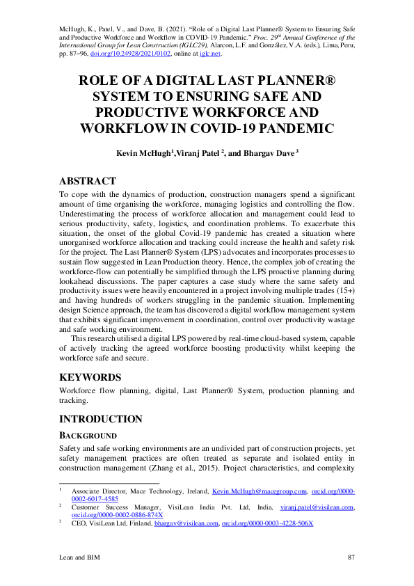(PDF) Role of a Digital Last Planner® System to Ensuring Safe and ...