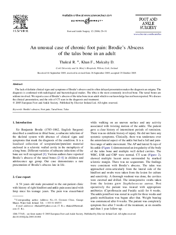 (PDF) An unusual case of chronic foot pain: Brodie's Abscess of the ...