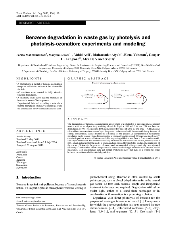(PDF) Benzene degradation in waste gas by photolysis and photolysis ...