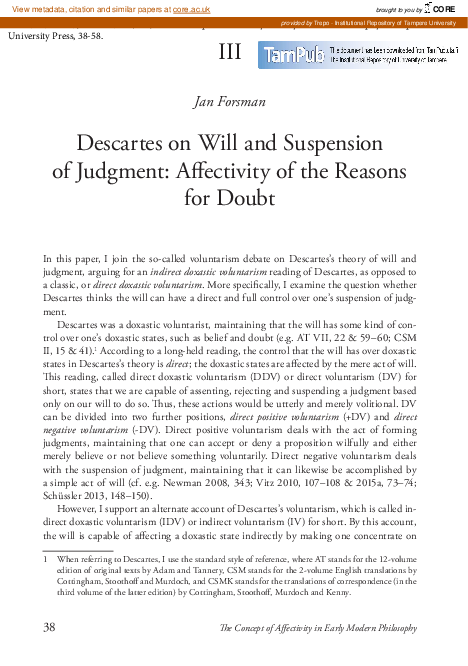 (PDF) Descartes on Will and Suspension of Judgment: Affectivity of the ...