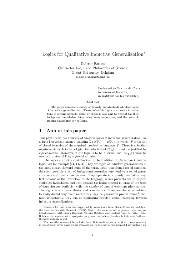 Pdf Logics For Qualitative Inductive Generalization Diderik Batens