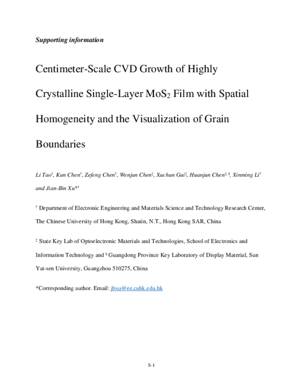 (PDF) Centimeter-Scale CVD Growth of Highly Crystalline Single-Layer MoS2 Film with Spatial ...
