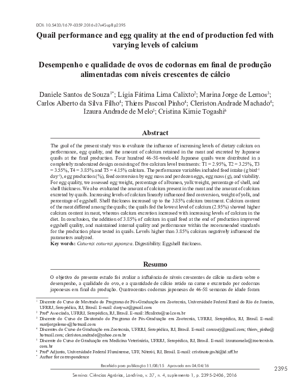 (PDF) Quail performance and egg quality at the end of production fed with varying levels of calcium
