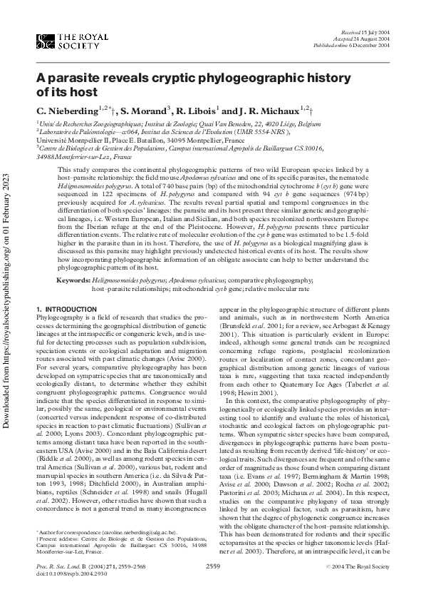 (PDF) A parasite reveals cryptic phylogeographic history of its host