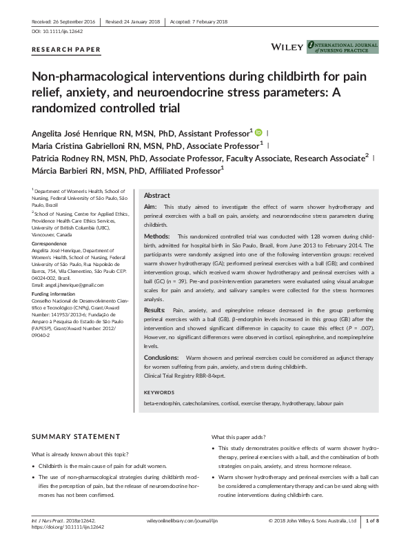 (PDF) Non-pharmacological interventions during childbirth for pain relief, anxiety, and ...