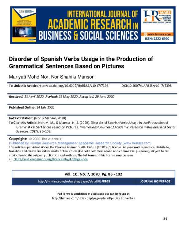 (PDF) Disorder of Spanish Verbs Usage in the Production of Grammatical ...