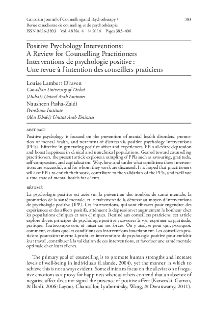 (PDF) Positive Psychology Interventions: A Review for Counselling Practitioners