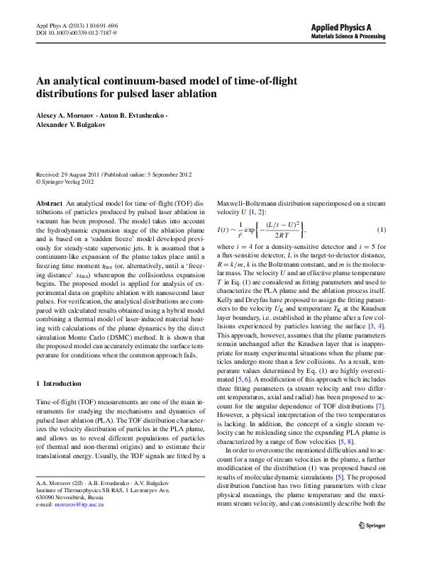 (PDF) An analytical continuum-based model of time-of-flight distributions for pulsed laser ablation
