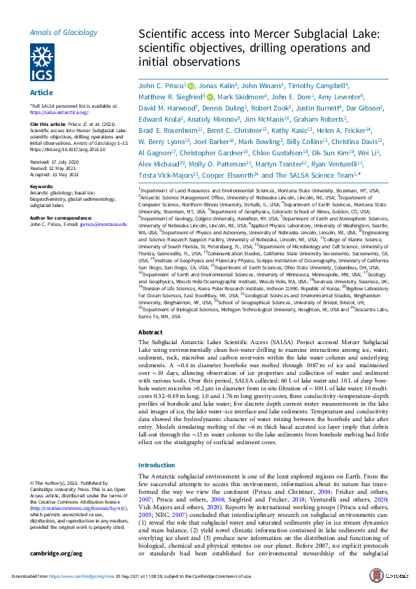 (PDF) Scientific access into Mercer Subglacial Lake: scientific objectives, drilling operations ...