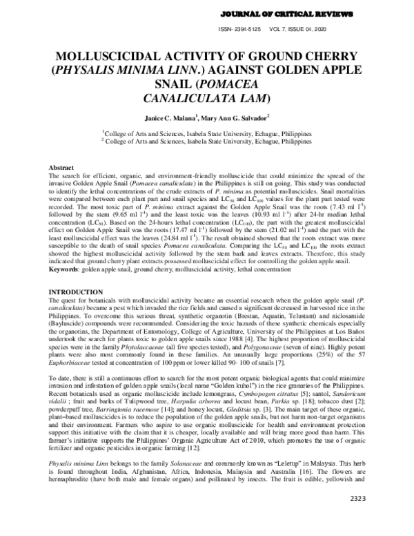 (PDF) Molluscicidal Activity of Ground Cherry (Physalis Minima LINN ...