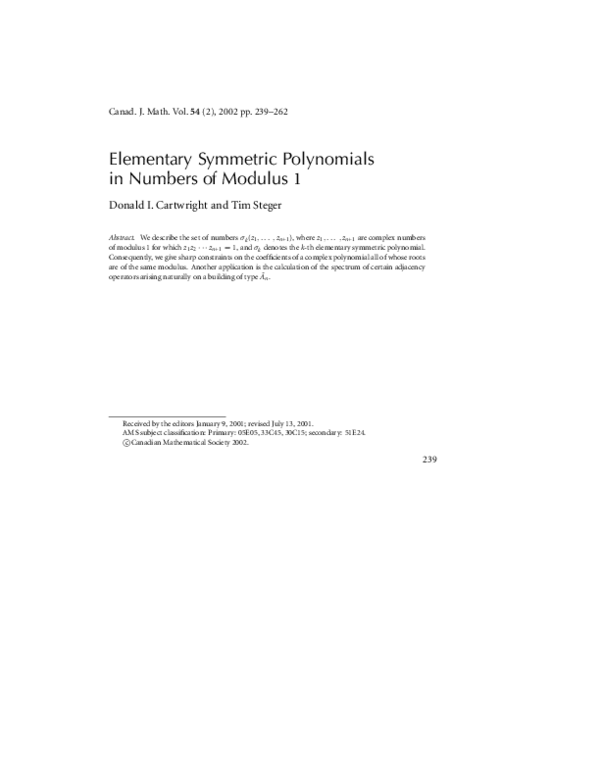 Pdf Elementary Symmetric Polynomials In Numbers Of Modulus 1