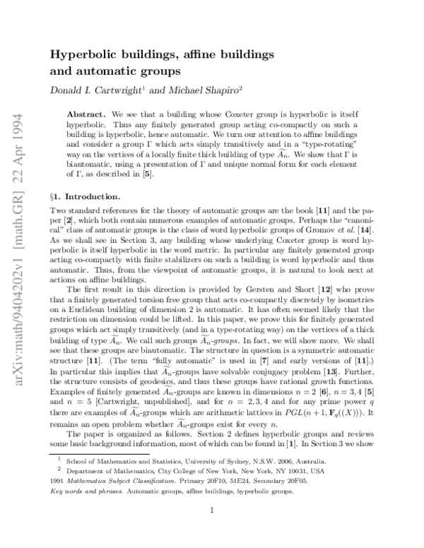 (PDF) Hyperbolic buildings, affine buildings, and automatic groups