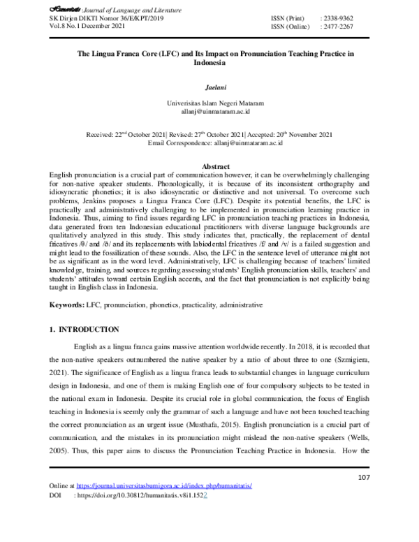 (PDF) The Lingua Franca Core (LFC) and Its Impact on Pronunciation ...