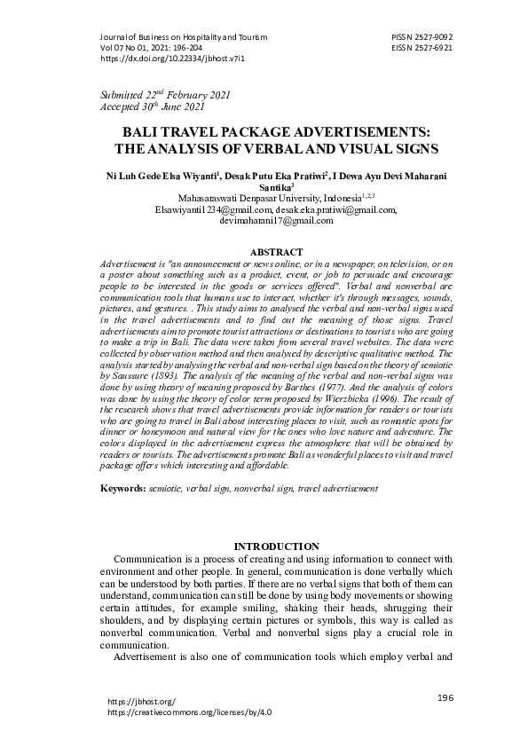(PDF) Bali Travel Package Advertisements: The Analysis of Verbal and ...