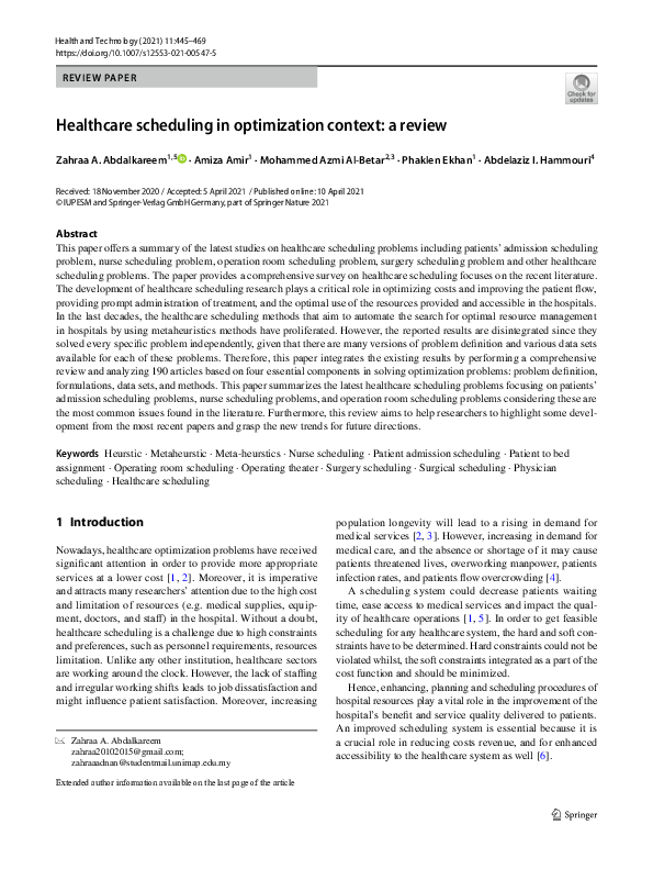 (PDF) Healthcare scheduling in optimization context: a review